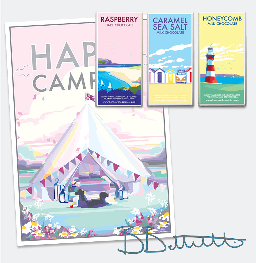 Happy Campers - Travel Poster and Seaside Print by Becky Bettesworth ...